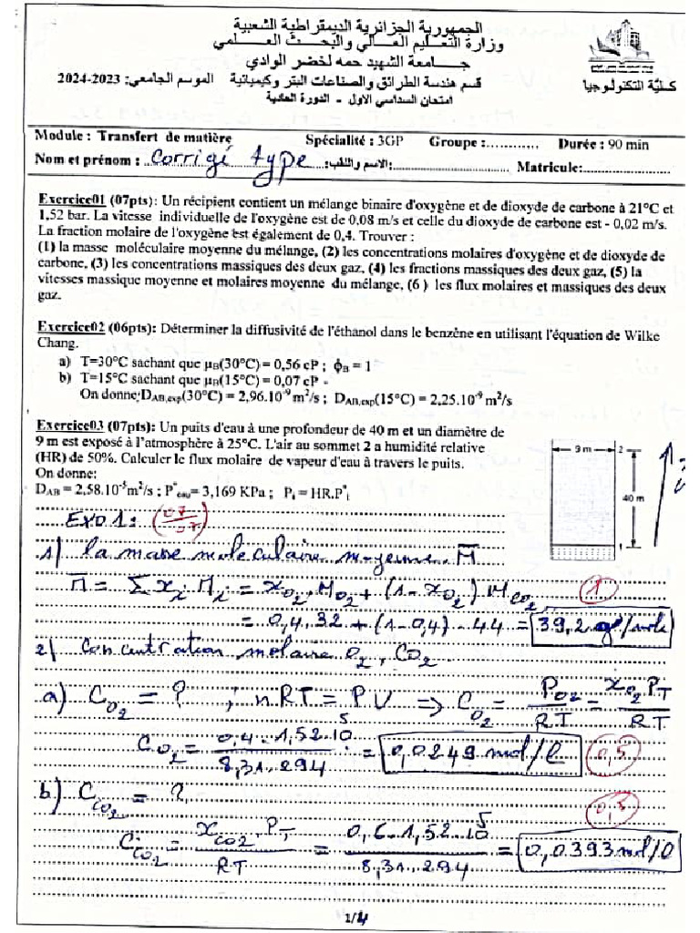 Examen1 Corrigé Transfert de Matière-5 | PDF