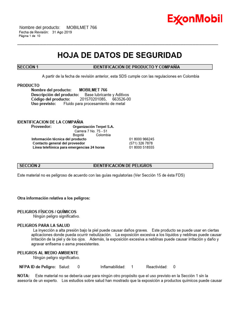 Hoja de Seguridad de Mobilmet 766 | PDF | Guante | Descarga electrostática