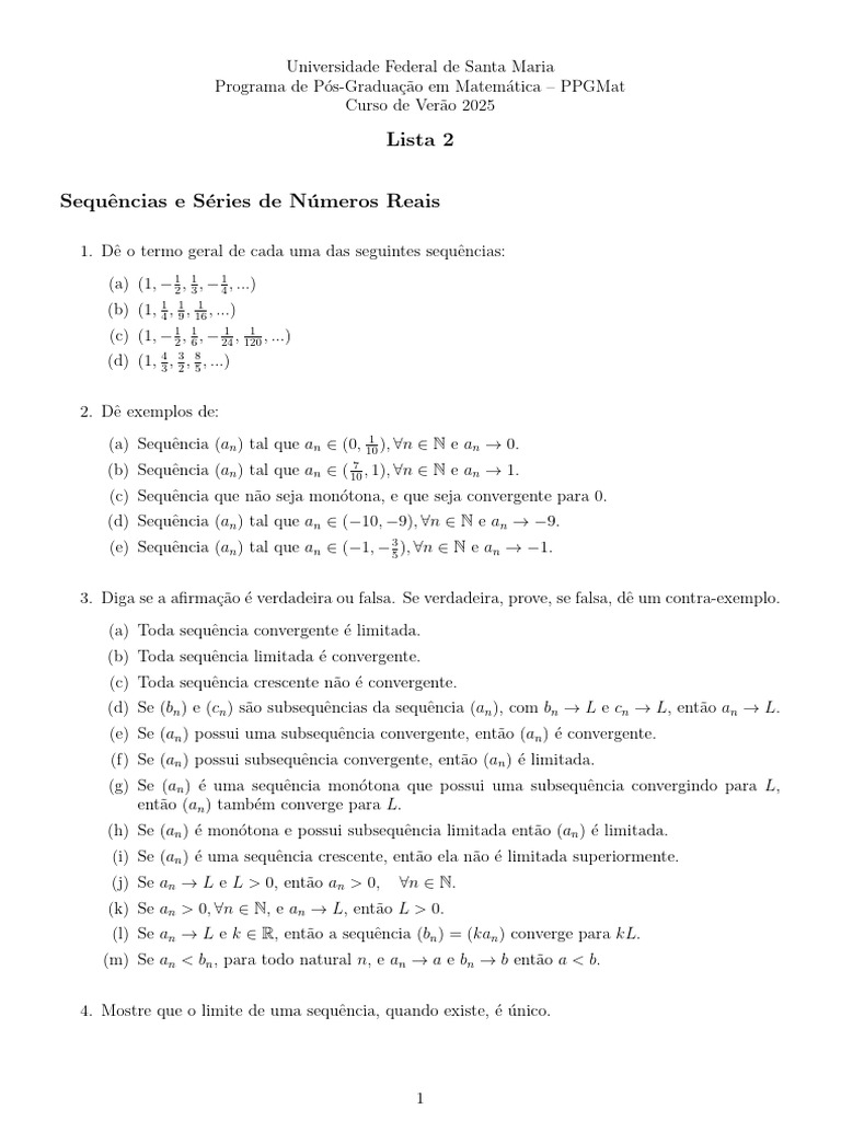 Lista - 2 - Sequências Reais | PDF | Sequência | Limite (Matemática)
