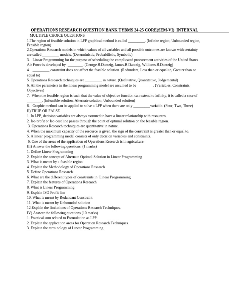 Operations Research Question Bank 24-25 - Tybms (Core) - Internal | PDF | Linear Programming ...