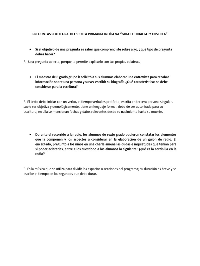 Preguntas para Sexto Grado Indígena | PDF
