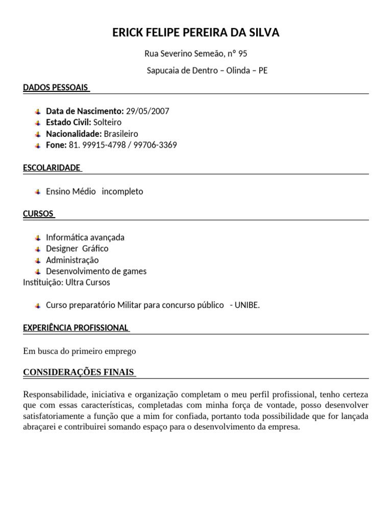 curriculum vitae ERICK FELIPE PEREIRA DA SILVA | PDF