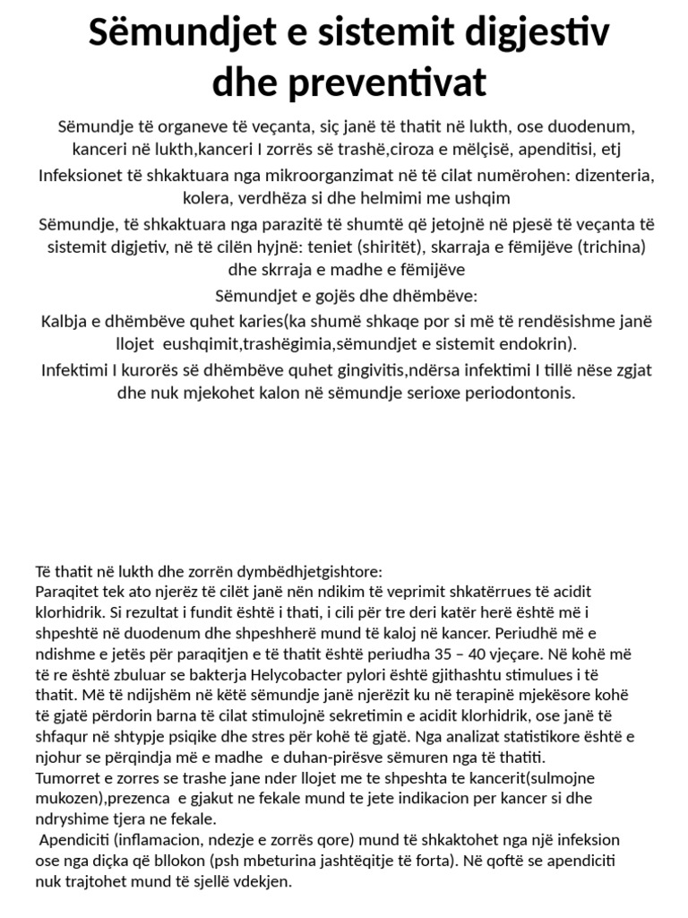Sëmundjet e Sistemit Digjestiv Dhe Preventivat | PDF