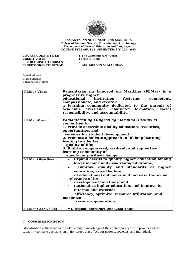 CONTEMPORARY WORLD Syllabus PLMar | PDF | Globalization | Demography