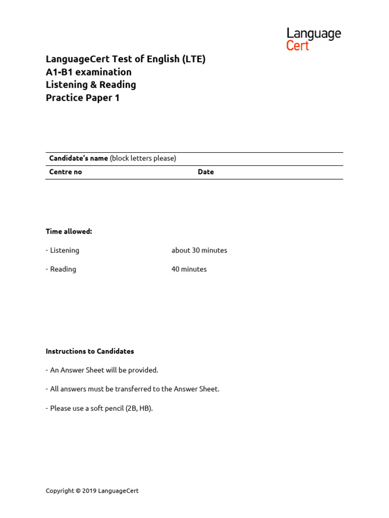 LTE A1-B1 PP1 - Exam Paper | PDF | Electrician