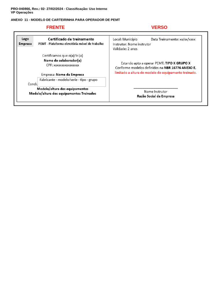 PRO-040866 - Anexo 10 - Modelo de Carteirinha para Operador de PEMT | PDF