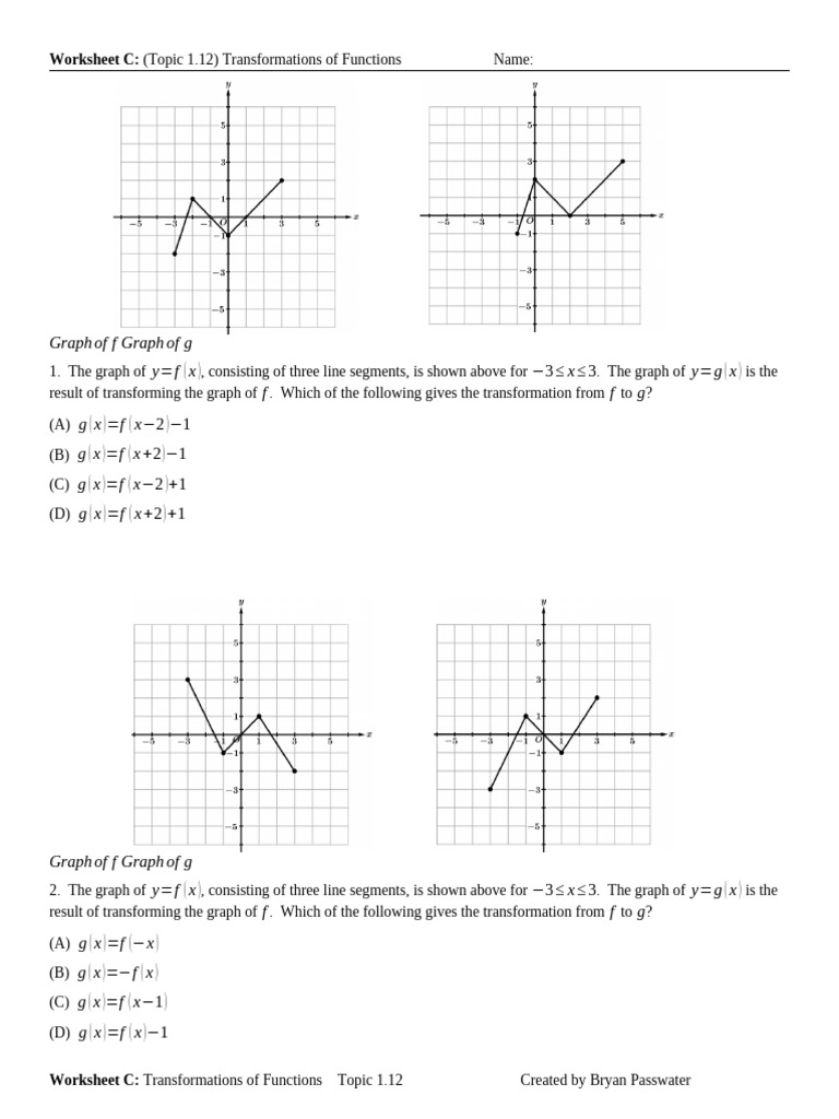 Worksheet C Topic 1.12 Transformations of Functions AP MC Style Practice | PDF | Function ...