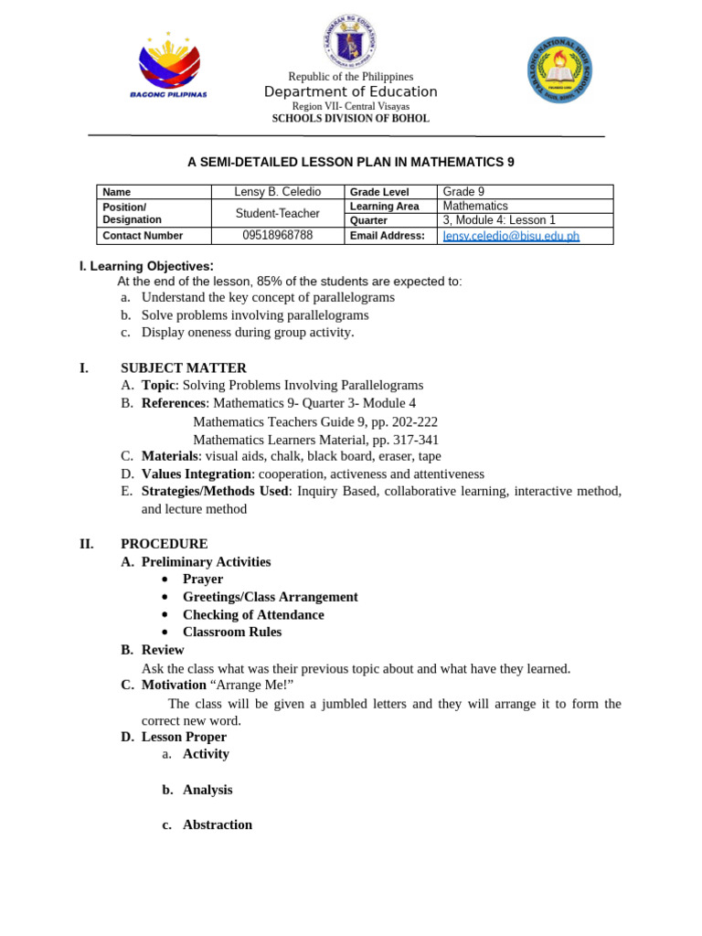 Grade 9 Mathematics Lesson Plan: Parallelograms | PDF