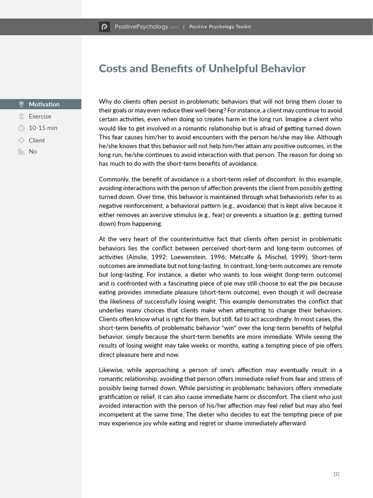 Costs and Benefits of Unhelpful Behaviour | PDF | Psychological Trauma ...