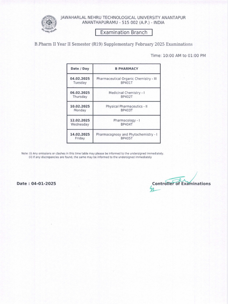 Timetables for B.pharm II Yr II Sem Supple Feb 2025 Exams | PDF | Pharmaceutical Sciences | Pharmacy