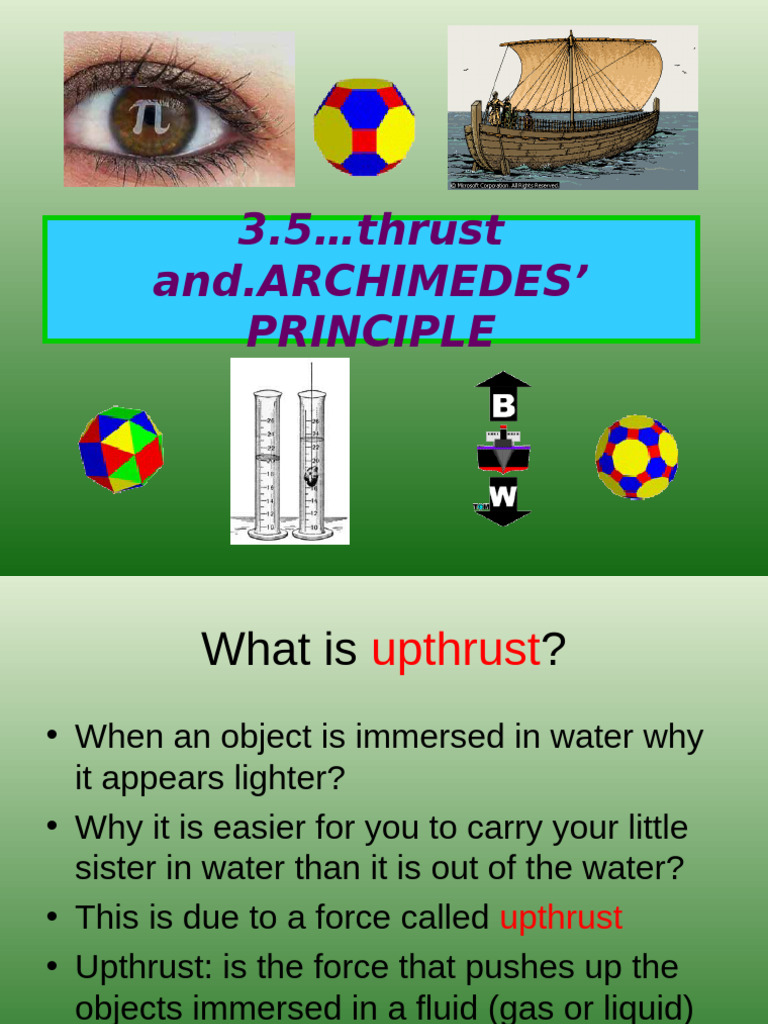 Archimedes' Principle and Upthrust Explained | PDF | Buoyancy | Force