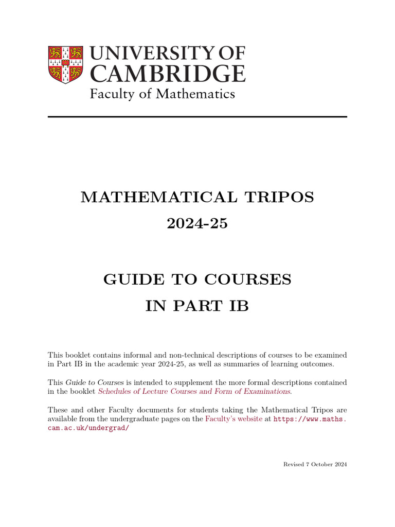 Part IB Mathematical Tripos Course Guide | PDF | Fluid Dynamics ...
