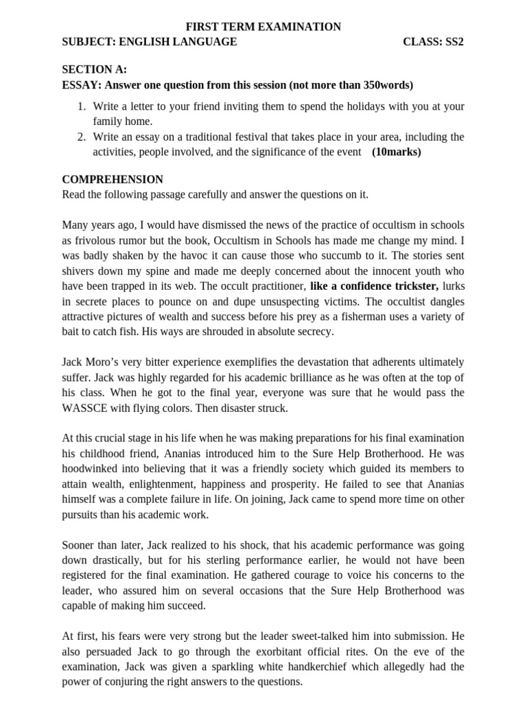 SS2 English Language Exam | PDF