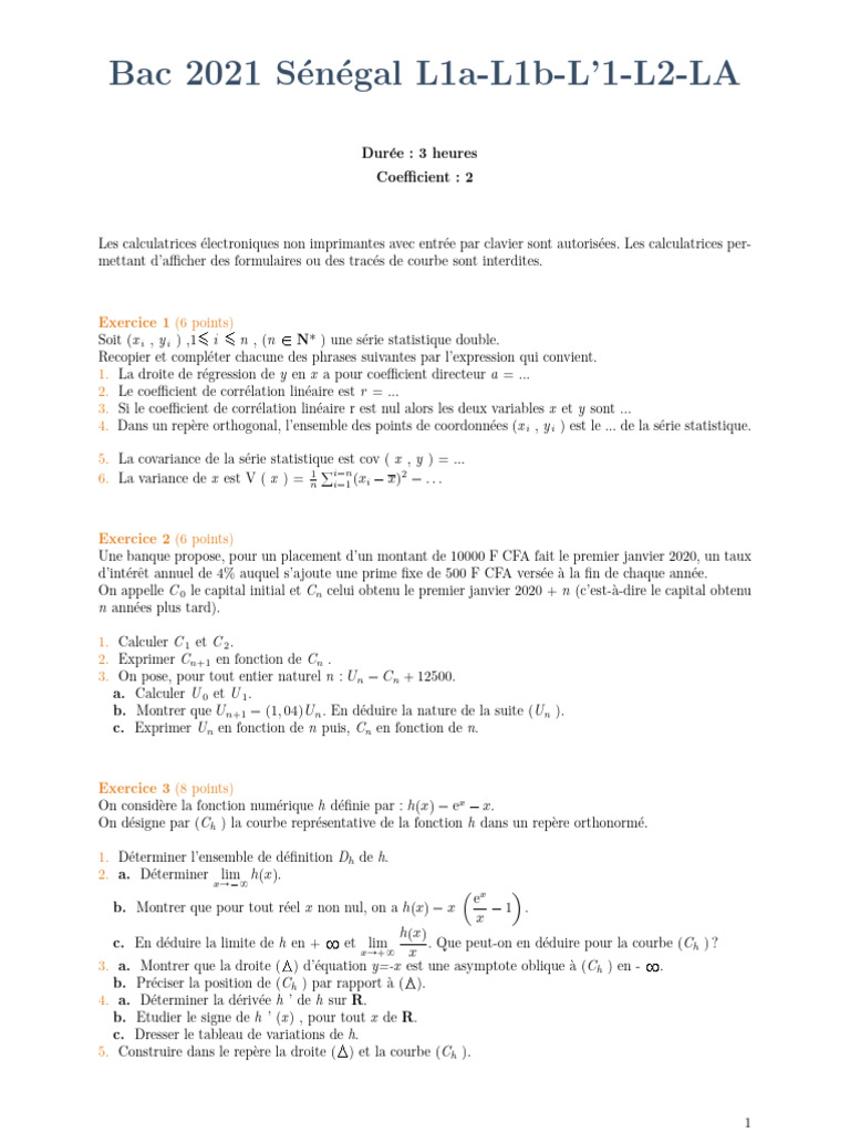 Sujet Bac Maths 2021 Sénégal L2 | PDF | Ajustement affine | Covariance