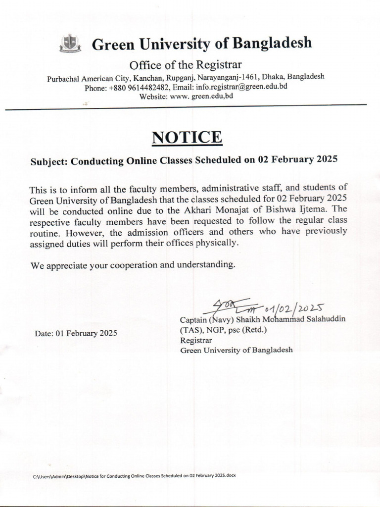 Notice For Conducting Online Classes Scheduled On 02 February 2025 | PDF