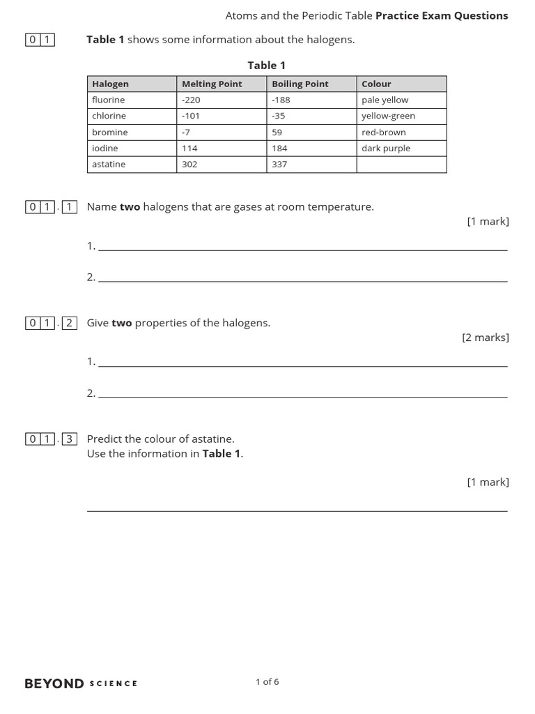 Atoms and the Periodic Table Practice Exam Questions Higher | PDF ...