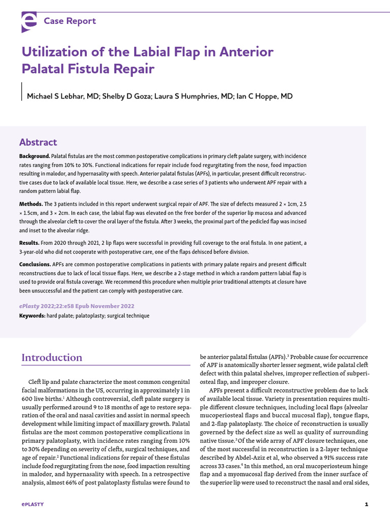Utilization of the Labial Flap in Anterior Palatal Fistula Repair | PDF ...