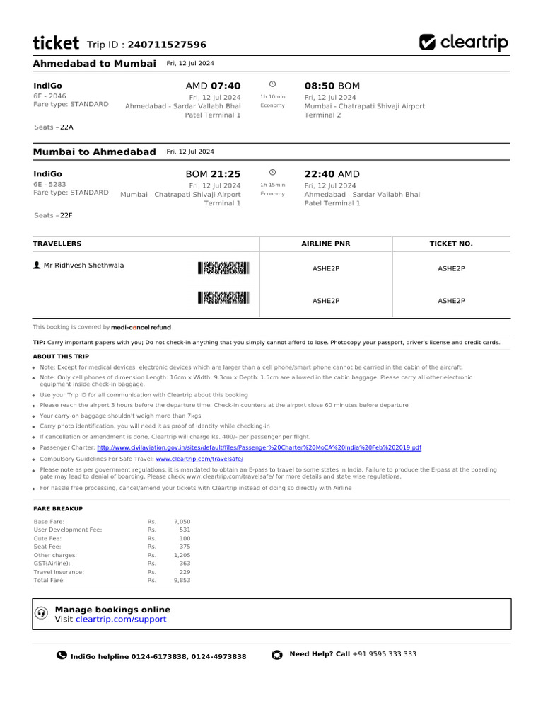 Cleartrip Flight Domestic E-Ticket | PDF | Identity Document | Airport