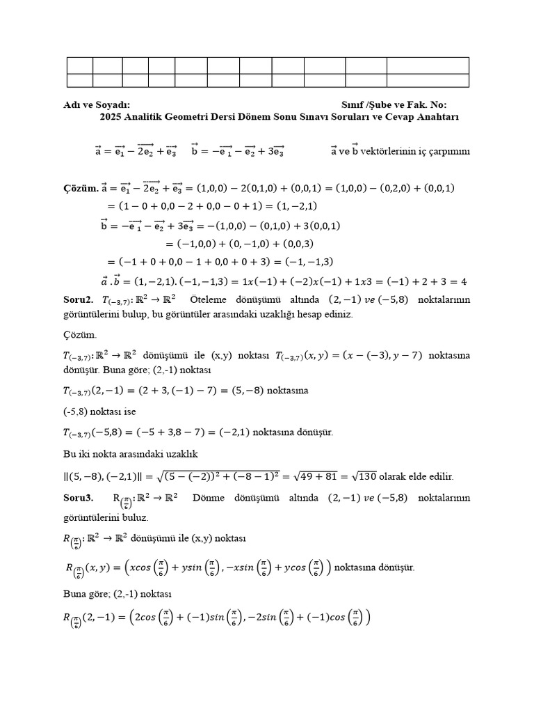 Analitik Geo Final 2025 Cevap Anahtarli (1) | PDF