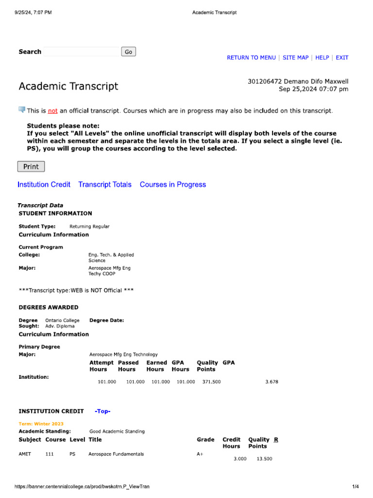 Unofficial Transcript | PDF