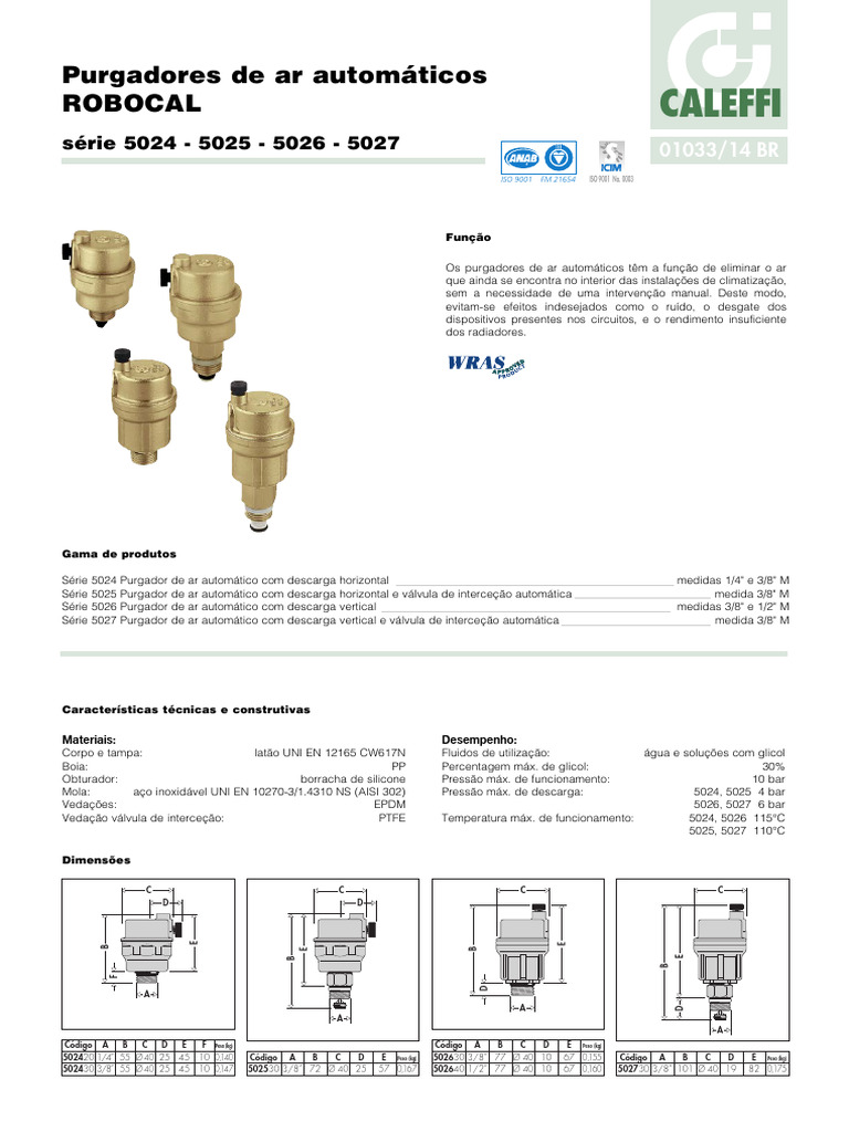 Caleffi: Purgadores de Ar Automáticos Robocal | PDF | Válvula