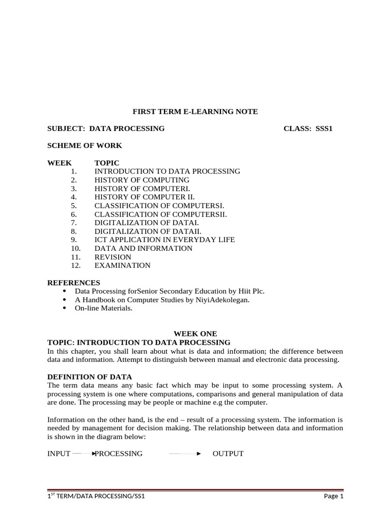 1ST Term S1 Data Processing | PDF | Microcomputers | Computer Hardware