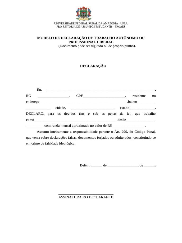 Declaração de Trabalho Autônomo UFRA | PDF