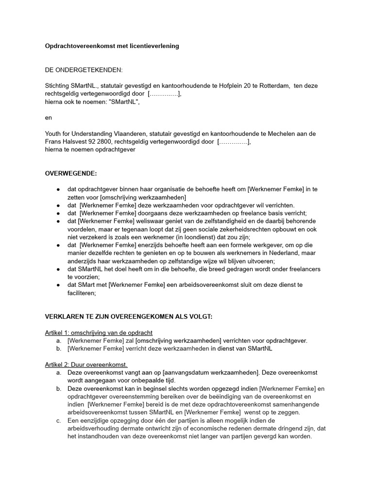 Concept Opdrachtovereenkomst Voor Onbepaalde Tijd | PDF