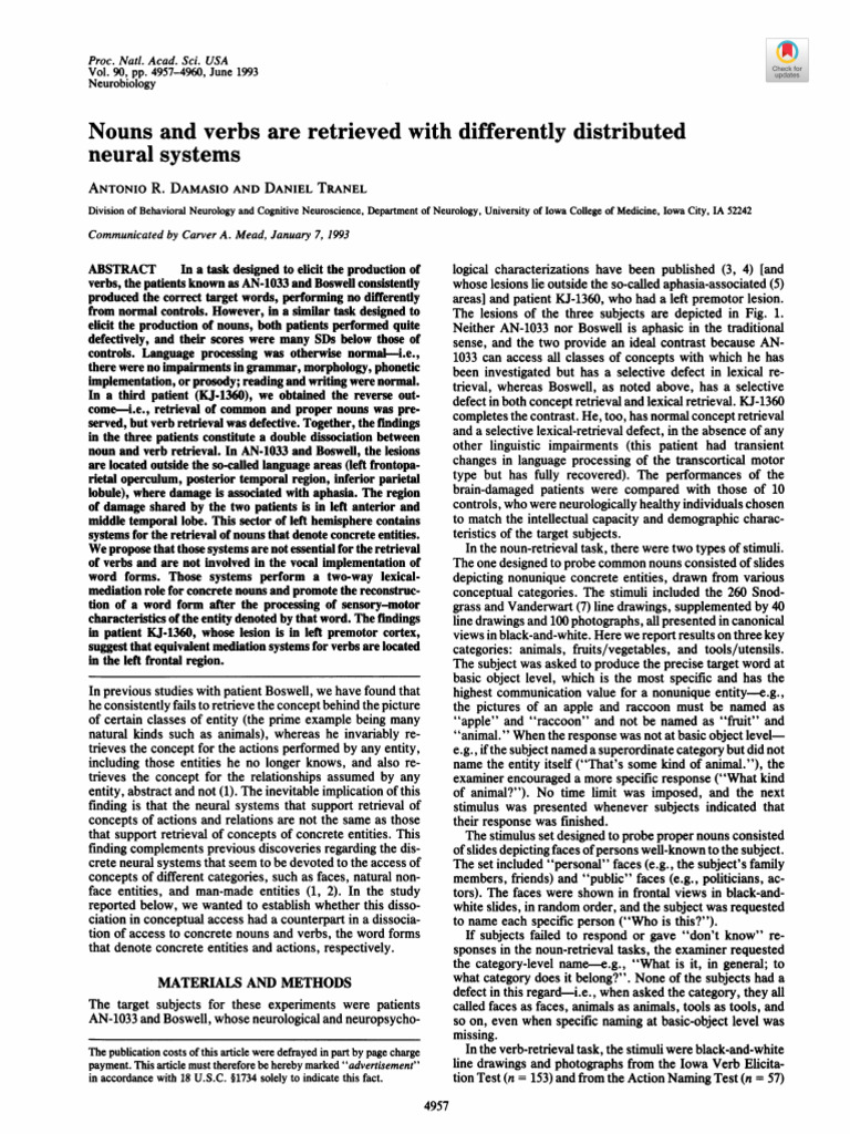 Nouns and Verbs Are Retrieved With Differently Distributed Neural ...