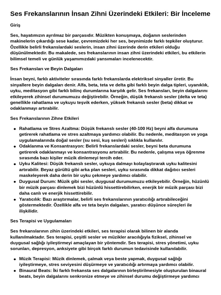 Ses Frekanslarının İnsan Zihni Üzerindeki Etkileri Bir İnceleme | PDF