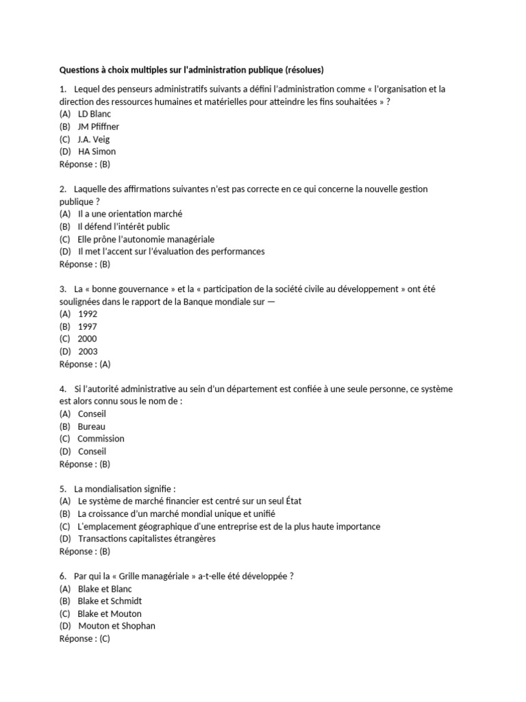 Papier de test de questions à choix multiples en administration ...