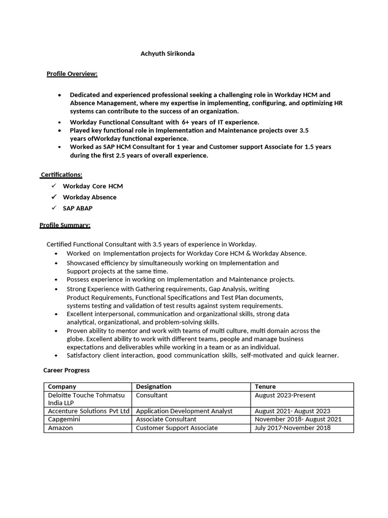 Achyuth Sirikonda WD Core HCM &absence Certified - Achyuth Sirikonda | PDF | Business | Computing