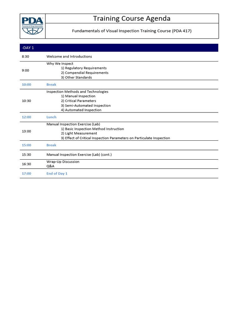 PDA Fundamentals of Visual Inspection Training Course | PDF