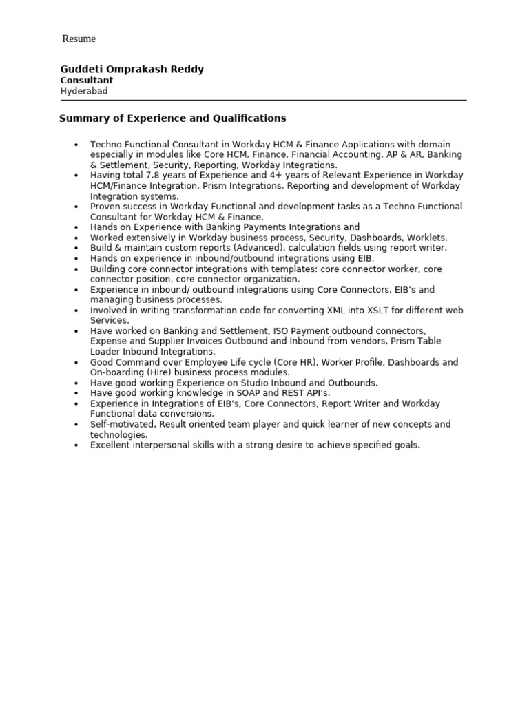 Workday HCM & Finance Consultant Resume | PDF | Human Resource ...