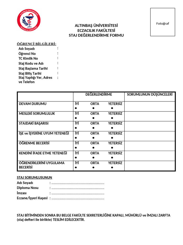 Staj Değerlendirme Formu | PDF