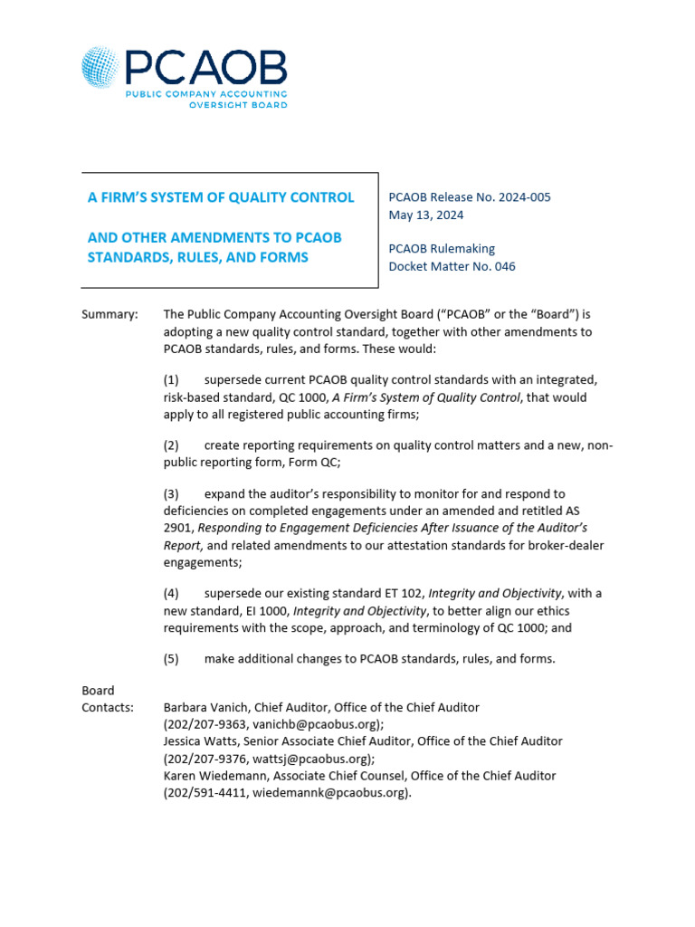 PCAOB Quality Control Standard Update | PDF | Audit | Internal Control