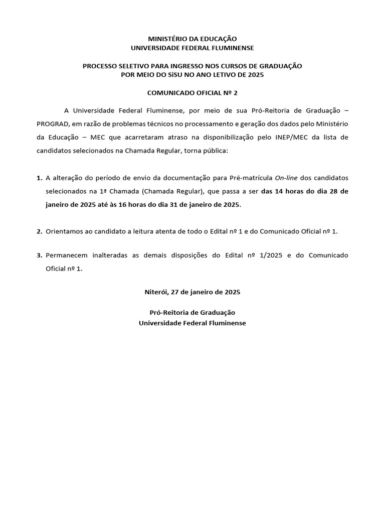 UFF SISU2025 EdicaoUnica ComunicadoOficial02 | PDF