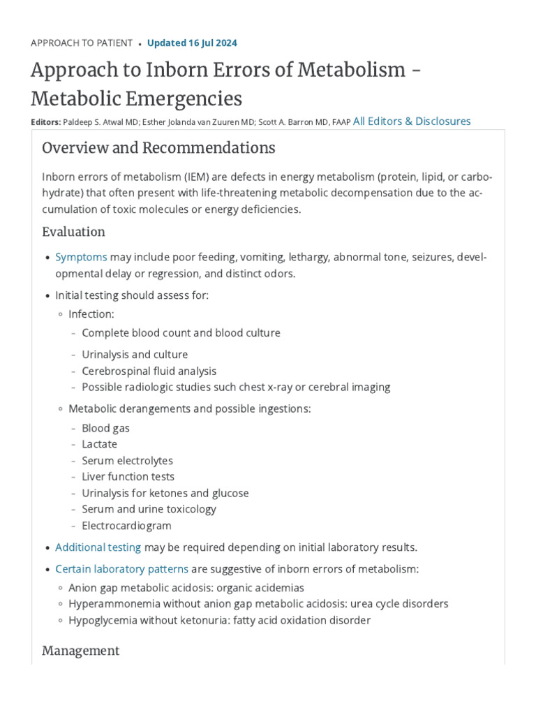 Approach To Inborn Errors of Metabolism - Metabolic Emergencies ...