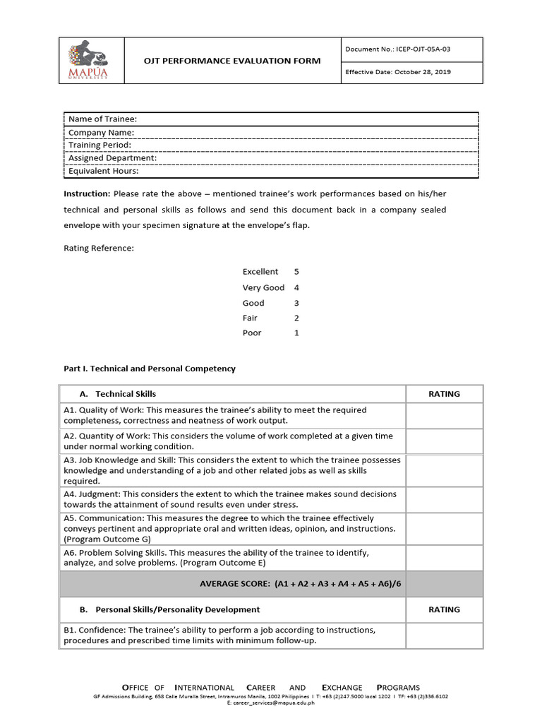 ICEP-OJT-05A-03 Performance Evaluation Form - ABET Accredited Programs | PDF | Performance ...