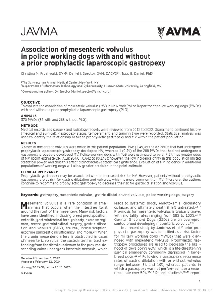 Association of Mesenteric Volvulus in Police Working Dogs With and ...