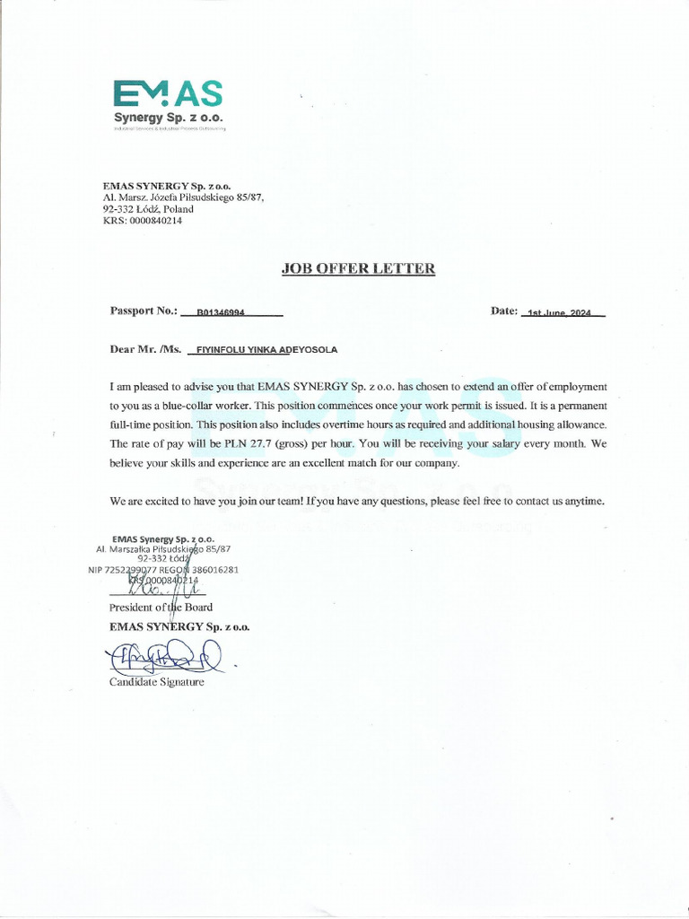 Offer Letter:Mr. Fiyi | PDF