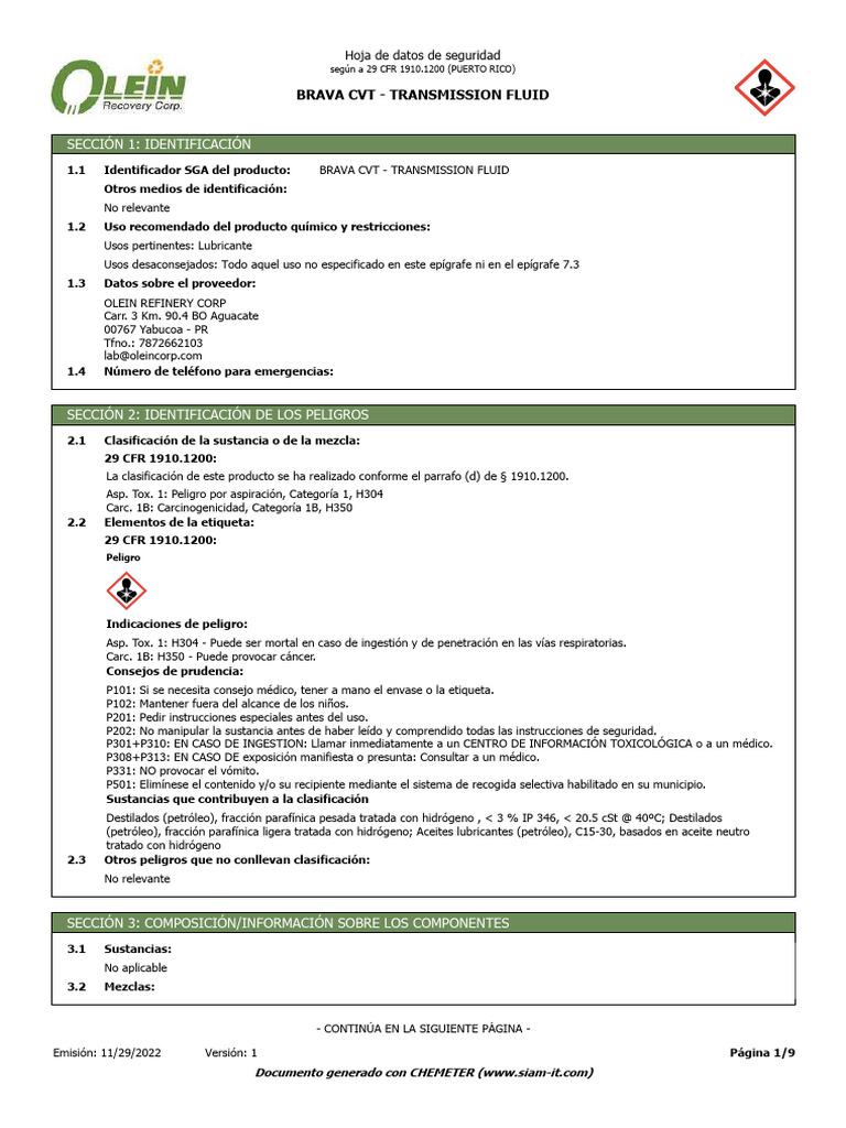 Brava CVT Transmission Fluid Sds Es | PDF | Toxicología | Toxicidad