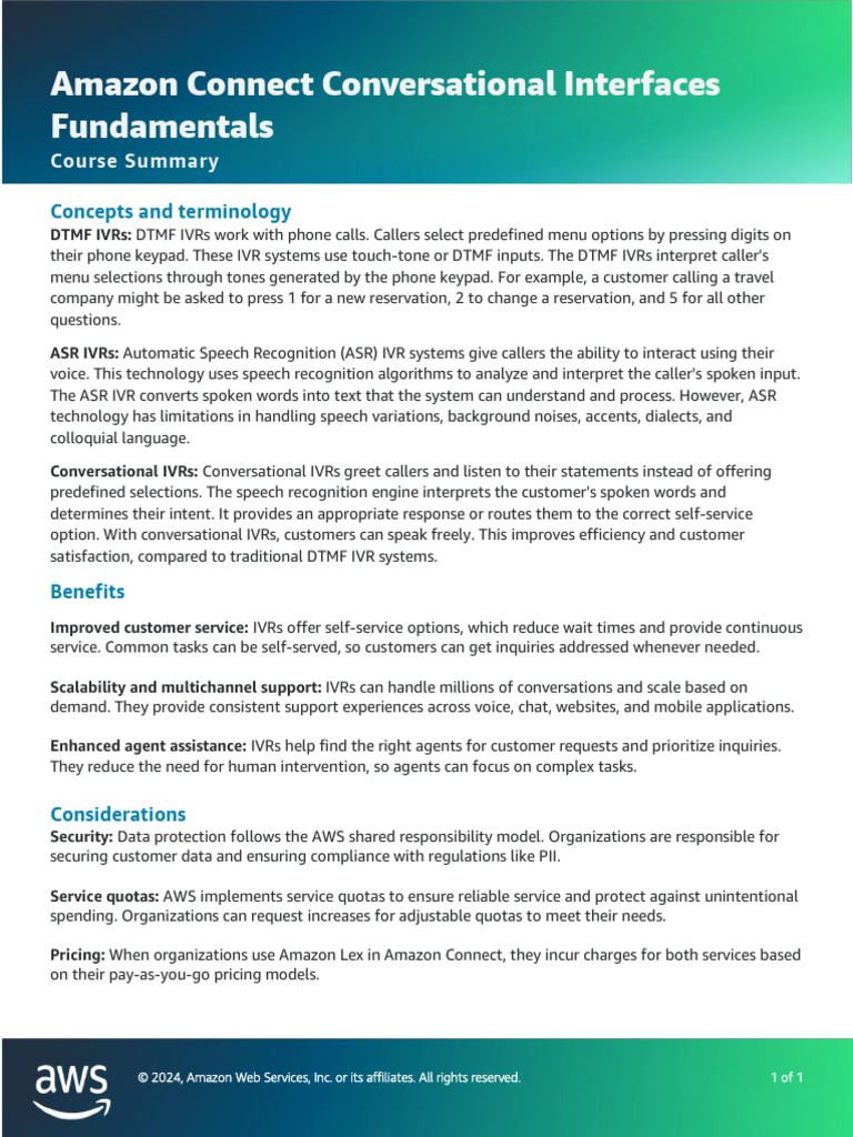 Amazon Connect Conversational Interfaces Fundamentals Summary | PDF | Interactive Voice Response ...