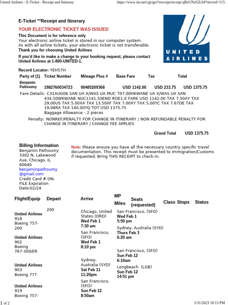 United Airlines E-Ticket Receipt | PDF | San Francisco International ...