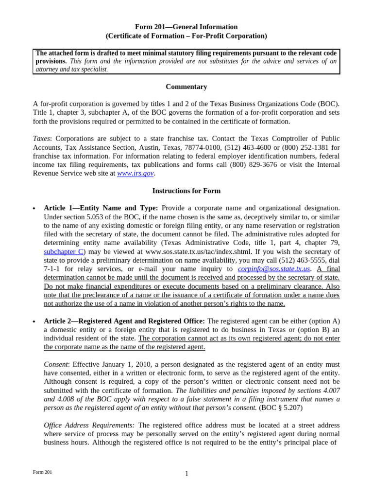 Texas For-Profit Corporation Formation | PDF | Registered Agent ...