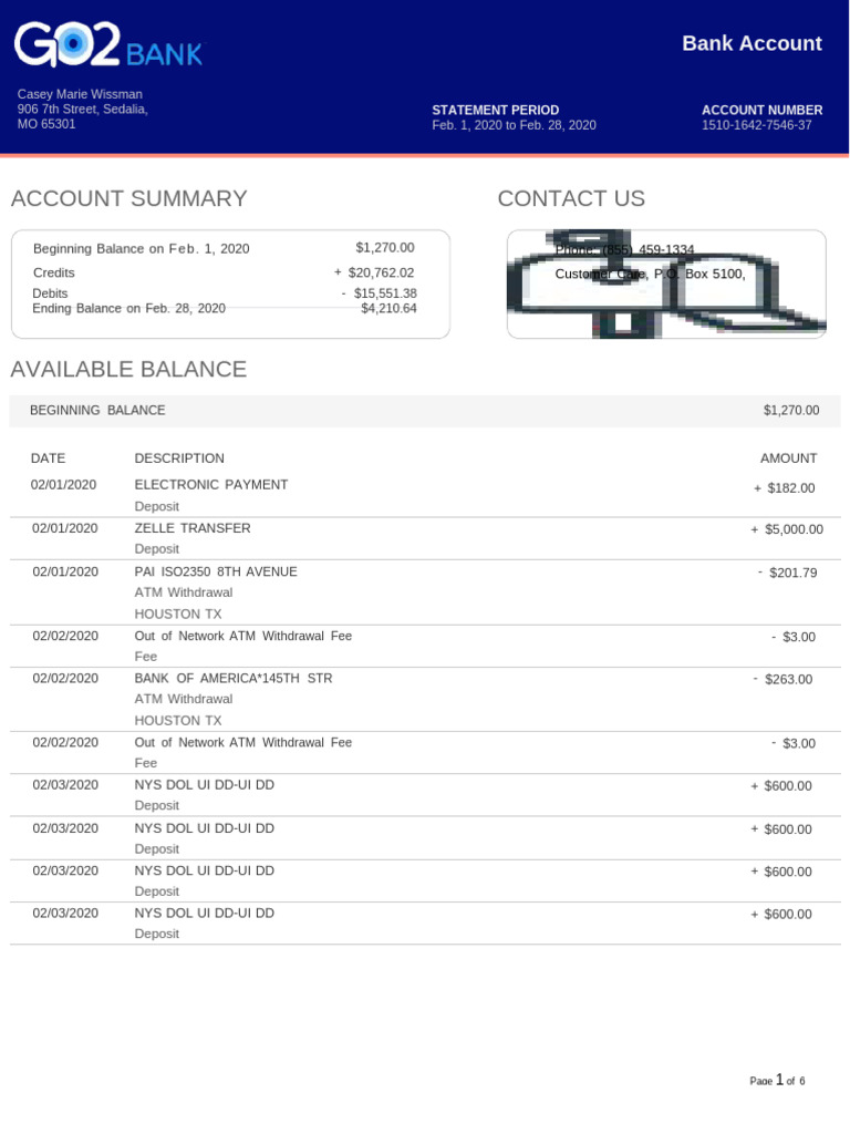 GO2bank-Statement 2020 | PDF | Banks | Receipt
