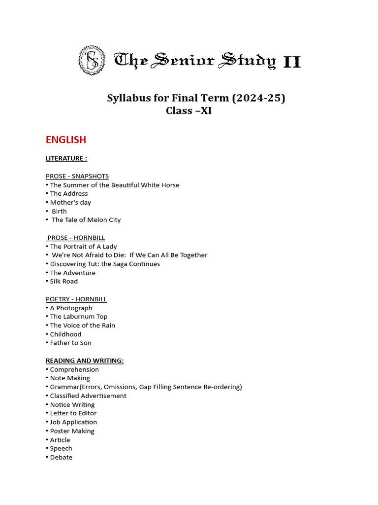 Final Term Syllabus-Class XI | PDF | Data | Function (Mathematics)