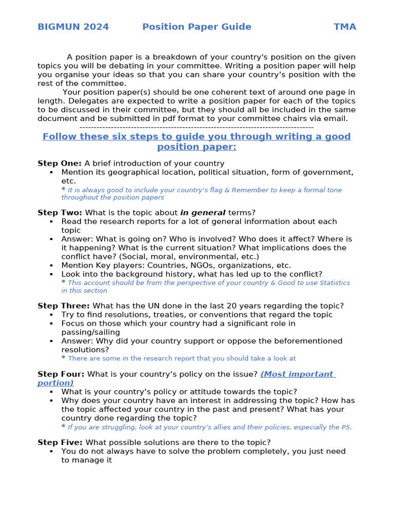 BIGMUN 2024 Position Paper Guide | PDF