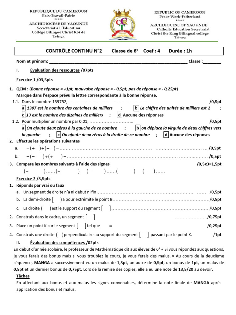 Contrôle continu mathématiques 6e | PDF