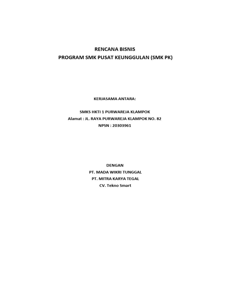 Rencana Bisnis SMK HKTI 1 TEKNO | PDF